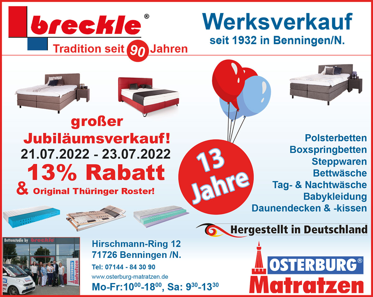 Jübiläumsverkauf - 13 Jahre Osterburg Matratzen in Benningen am Neckar ... Jübiläumsverkauf - 13 Jahre Osterburg Matratzen in Benningen am Neckar ...